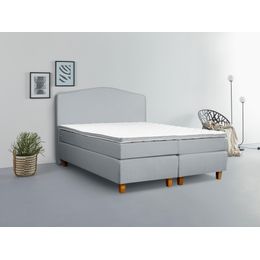 Boxspringbett Inosign, B:141cm L:208cm, blau, 100% Polyester, Komplettbetten, "Jalma", Füße aus massiver Birke ; Inkl. Topper