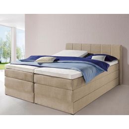 Boxspringbett Hapo, beige, Kopfteil, seitliche Unterbox und Obermatratze sind mit pflegeleichtem Feinstrukturstoff in Leinenoptik (100% Polyester)