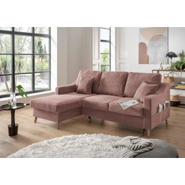 Ecksofa Inosign, B:228cm H:94cm T:150cm, rosa, 100% Polyester, Wohnzimmer, Sofas, "Valentina L-Form", 2 Zierkissen, mit Seitentasche, ausziehbarer