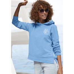 ELBSAND Damen Kapuzensweatshirt, blau, Gr. XL, unifarben, Sweatware, Obermaterial: 95% Baumwolle, 5% Elasthan, Sweatshirts, mit gro&szlig;em Logodruck auf