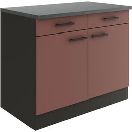 Unterschrank Optifit, B:100cm H:84,8cm T:60cm, rot, Spanplatte, Küche, Schränke, "Palma", Breite 100 cm, mit 2 Türen und 2 Schubkästen