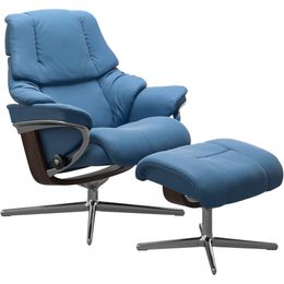 Relaxsessel stressless, B:92cm H:100cm T:80cm, blau, Wohnzimmer, Sessel, "Reno", mit Hocker, mit Cross Base, Größe S, M & L, Holzakzent Wenge