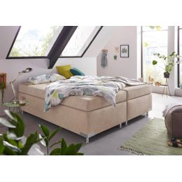 Boxspringbett, B:202cm L:201cm, beige, Westfalia Schlafkomfort, Microvelours (100% Polyester), Komplettbetten, "Holland", ohne Kopfteil, frei im Raum