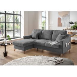 Ecksofa Inosign, B:228cm H:94cm T:150cm, grau, 100% Polyester, Wohnzimmer, Sofas, "Valentina L-Form", 2 Zierkissen, mit Seitentasche, ausziehbarer