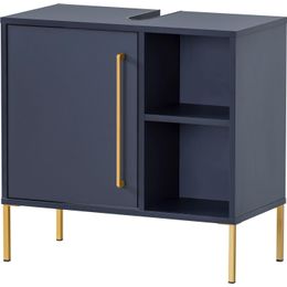 Waschbeckenunterschrank Welltime, B:65,3cm H:63,3cm T:33,1cm, blau, FSC-zertifizierter Holzwerkstoff, Badezimmer, Schr&auml;nke, "Kent mit goldfarbenen