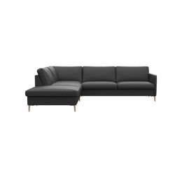 Ecksofa FLEXLUX, B:266cm H:85cm T:225cm, schwarz, 100% Echteder, Wohnzimmer, Sofas, "Fiore, L-Form", schmale Armlehnen, Kaltschaum, Füße Alu+ Eiche