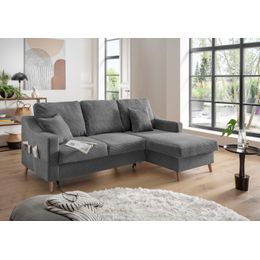 Ecksofa Inosign, B:228cm H:94cm T:150cm, grau, 100% Polyester, Wohnzimmer, Sofas, "Valentina L-Form", 2 Zierkissen, mit Seitentasche, ausziehbarer