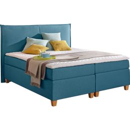 Boxspringbett Home Affaire, B:132cm L:205cm, blau, Struktur fein (100% Polyester), Komplettbetten, "Houssay", inkl. Topper, 5 Breiten, 2 H&auml;rtegraden