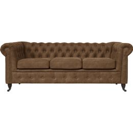 Chesterfield-Sofa Home Affaire, B:203cm H:77cm T:87cm, braun, 100% Polyester, Sofas, "Aarburg", aufwändige Knopfheftung und Ziernägel im