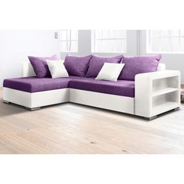 Ecksofa Collection AB, B:226cm H:80cm T:160cm, lila, Wohnzimmer, Sofas, "John L-Form", Regalarmlehne,Bettfunktion,Bettkasten,Ottomane beiseitig
