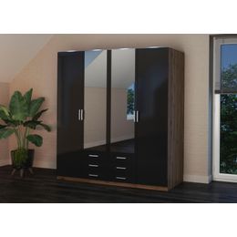 Kleiderschrank Priess, B:185cm H:193cm T:56cm, schwarz, Holzwerkstoff, Schlafzimmer, Schränke, "Amsterdam", mit oder ohne LED-Beleuchtung
