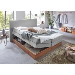 Boxspringbett Home Affaire, B:182cm L:224cm, grau, Komplettbetten, "Blomen", mit Walnuss-Dekor, mit Bettkasten, verschiedene Härtegrade, mit Topper