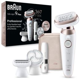Braun Damen Epilierer "Silk-épil Flex 9 9-360", rosa, Epilierer, mit Rasier-, Trimmer- & Peelingaufsatz, Mini-Rasierer für das Gesicht