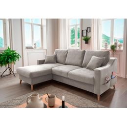 Ecksofa Inosign, B:228cm H:94cm T:150cm, grau, 100% Polyester, Wohnzimmer, Sofas, "Valentina L-Form", 2 Zierkissen, mit Seitentasche, ausziehbarer