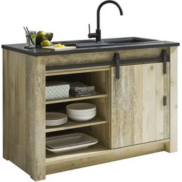 Spülenschrank Home Affaire, B:133cm H:93cm T:64cm, braun, Holzwerkstoff, Küche, Schränke, "Sherwood", mit Scheunentorbeschlag aus Metall, Breite der
