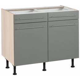 Unterschrank Optifit, B:100cm H:87cm T:58,4cm, grau, K&uuml;che, Schr&auml;nke, "Bern", 100 cm breit, mit 2 T&uuml;ren, 2 Schubk&auml;sten, h&ouml;henverstellbare F&uuml;&szlig;e