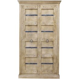 Garderobenschrank Sit, B:100cm H:180cm T:45cm, beige, Massivholz, Flur, Schränke, "Daipur", geschnitzte Verzierungen