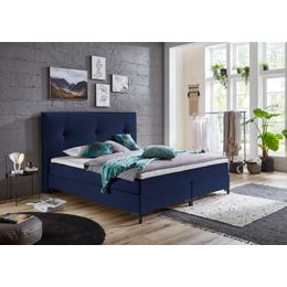 Boxspringbett, B:174cm L:214cm, blau, ATLANTIC HOME COLLECTION, Bezug Bettbox und Obermatratze: Strukturstoff (90% Polyester, 10% Nylon);Topper: