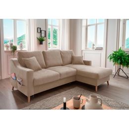 Ecksofa Inosign, B:228cm H:94cm T:150cm, beige, 100% Polyester, Wohnzimmer, Sofas, "Valentina L-Form", 2 Zierkissen, mit Seitentasche, ausziehbarer