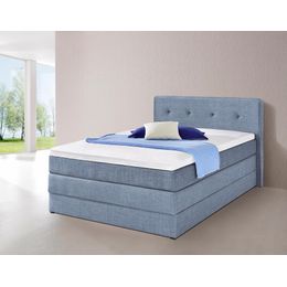 Boxspringbett Hapo, blau, Kopfteil, seitliche Unterbox und Obermatratze sind mit pflegeleichtem Feinstrukturstoff in Leinenoptik (100% Polyester)