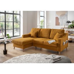 Ecksofa Inosign, B:228cm H:94cm T:150cm, gold, 100% Polyester, Wohnzimmer, Sofas, "Valentina L-Form", 2 Zierkissen, mit Seitentasche, ausziehbarer
