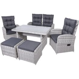 Garten-Essgruppe Garden Pleasure, grau, Wicker/Kunststoffgeflecht, Sitzmöbel-Sets, "Tischgruppe »LYON« grau", 2 Sessel, 1 Bank, 2 Hocker, Tisch LxB: