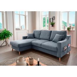 Ecksofa Inosign, B:228cm H:94cm T:150cm, blau, 100% Polyester, Wohnzimmer, Sofas, "Valentina L-Form", 2 Zierkissen, mit Seitentasche, ausziehbarer