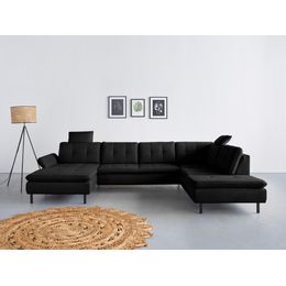 Wohnlandschaft Inosign, B:347cm H:83cm T:226cm, schwarz, 98% Polyester 2% Polyamid, Sofas, "Birkholm U-Form", Armlehnverstellung, auch in Easy Clean