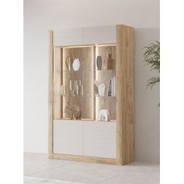 Vitrine LEONIQUE, B:128,5cm H:200cm T:41cm, beige, FSC-zertifizierter Holzwerkstoff, Glas, MDF, Melamin, Wohnzimmer, Schr&auml;nke, "Kasai"