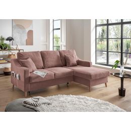 Ecksofa Inosign, B:228cm H:94cm T:150cm, rosa, 100% Polyester, Wohnzimmer, Sofas, "Valentina L-Form", 2 Zierkissen, mit Seitentasche, ausziehbarer