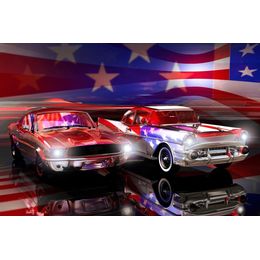 papermoon Fototapete "Amerikanische Autos, Flagge", B/L: 4,5mm x 2,8mm, Bahnen: 9 Stk. St., bunt, Schlafzimmer, Tapeten