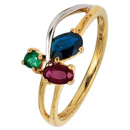 Jobo Damen Goldring "Ring mit Rubin Safir Smaragd", 50, Gelbgold 585, gelb, Gelbgold 585, Fingerringe, 585 Gold bicolor