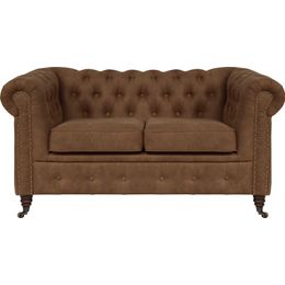 Chesterfield-Sofa Home Affaire, B:148cm H:77cm T:87cm, braun, 100% Polyester, Sofas, "Aarburg", aufwändige Knopfheftung und Ziernägel im