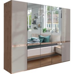 Drehtürenschrank Wiemann "Barcelona" Schränke Gr. B/H/T: 246,3 cm x 216 cm x 58 cm, 5 St., weiß (bianco, eiche nachbildung, glas champagner, kristallspiegel) mit Spiegelfront und schmaler Bauchbinde