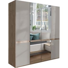 Drehtürenschrank Wiemann "Barcelona" Schränke Gr. B/H/T: 197,3 cm x 216 cm x 58 cm, 4 St., weiß (bianco, eiche nachbildung, glas champagner, kristallspiegel) mit Spiegelfront und schmaler Bauchbinde