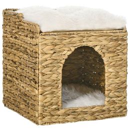 PawHut - Rattan Katzenhaus, Katzenhöhle mit Kissen, Katzenhütte mit 2 Ebenen, Katzenbett, Katzenkorb für Katzen bis 5 kg, Wasserhyazinthengras, 37,5