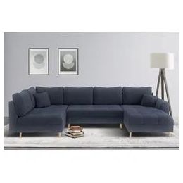 Wohnlandschaft Home Affaire "CHARRE U-Form, incl. 3 Zierkissen" Sofas Gr. B/H/T: 310cm x 81cm x 161cm, Bouclé, Recamiere rechts, blau (dunkelblau) auch in Cord und Bouclé, feine Steppung, lose Rückenkissen