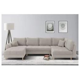 Wohnlandschaft Home Affaire "CHARRE U-Form, incl. 3 Zierkissen" Sofas Gr. B/H/T: 310cm x 81cm x 161cm, Bouclé, Recamiere links, beige (creme) auch in Cord und Bouclé, feine Steppung, lose Rückenkissen