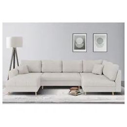 Wohnlandschaft Home Affaire "CHARRE U-Form, incl. 3 Zierkissen" Sofas Gr. B/H/T: 310cm x 81cm x 161cm, Struktur weich, Recamiere links, beige (creme) auch in Cord und Bouclé, feine Steppung, lose Rückenkissen