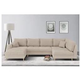 Wohnlandschaft Home Affaire "CHARRE U-Form, incl. 3 Zierkissen" Sofas Gr. B/H/T: 310cm x 81cm x 161cm, Struktur weich, Recamiere links, beige auch in Cord und Bouclé, feine Steppung, lose Rückenkissen