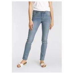 Slim-fit-Jeans Arizona "Bund mit seitlichem Gummizugeinsatz" Gr. 48, N-Gr, blau (bleached) Damen Jeans schmale Passform, Röhrenjeans, Used-Waschung, hohe Leibhöhe