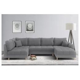 Wohnlandschaft Home Affaire "CHARRE U-Form, incl. 3 Zierkissen" Sofas Gr. B/H/T: 310cm x 81cm x 161cm, Bouclé, Recamiere rechts, grau (dunkelgrau) auch in Cord und Bouclé, feine Steppung, lose Rückenkissen