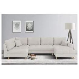 Wohnlandschaft Home Affaire "CHARRE U-Form, incl. 3 Zierkissen" Sofas Gr. B/H/T: 310cm x 81cm x 161cm, Struktur weich, Recamiere rechts, beige (creme) auch in Cord und Bouclé, feine Steppung, lose Rückenkissen