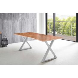 Esstisch Baumkante massiv Akazie natur 240 x 100 X-Gestell silber LUBIN