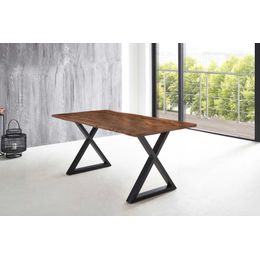 Esstisch Baumkante massiv Akazie nussbaum 180 x 90 X-Gestell schwarz LUBIN