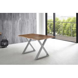Esstisch Baumkante massiv Akazie natur 140 x 80 X-Gestell silber LUBIN