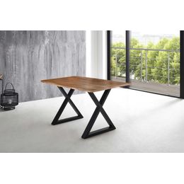 Esstisch Baumkante massiv Akazie natur 140 x 80 X-Gestell schwarz LUBIN