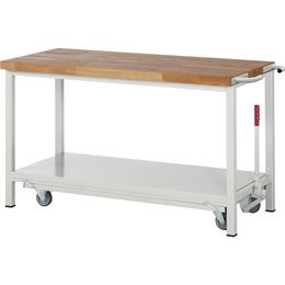 eurokraft pro Fahr- und absenkbare Werkbank, Gestellbauweise Serie 8000, 1 Ablageboden, BxT 1500 x 700 mm