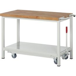eurokraft pro Fahr- und absenkbare Werkbank, Gestellbauweise Serie 8000, 1 Ablageboden, BxT 1250 x 700 mm