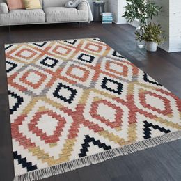 Paco Home - Teppich Wohnzimmer Boho Fransen Handgewebt Wolle Baumwolle Rot Schwarz Gelb Creme 120x170 cm